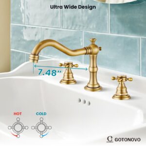 gotonovo 8 Inch Widespread Bathroom Sink Faucet 2 Cross Handles 3 Hole Bathroom Vanity Faucet Deck Mount Basin Mixer Tap with Pop Up Drain with Overflow Antique Brass