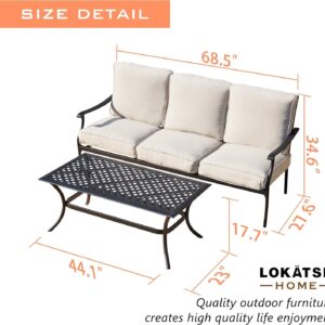 LOKATSE HOME 3 Seat Metal Patio Loveseat Bench Outdoor Furniture Bistro Set with Coffee Table for Lawn Front Porch Garden Yard or Poolside, Beige