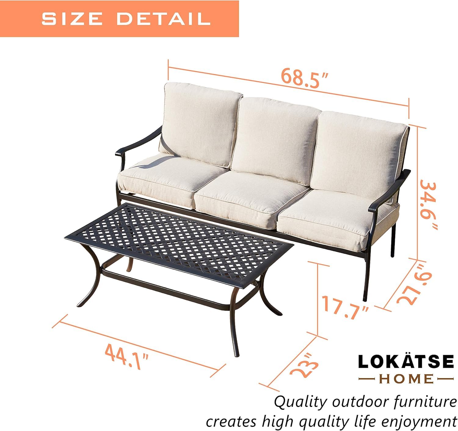 LOKATSE HOME 3 Seat Metal Patio Loveseat Bench Outdoor Furniture Bistro Set with Coffee Table for Lawn Front Porch Garden Yard or Poolside, Beige