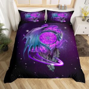 erosebridal galaxy bedding set queen size dream catcher comforter cover boho theme duvet cover set dragon and feather printed 3 piece bedding decorative with 2 pillow cases for kids adults,purple