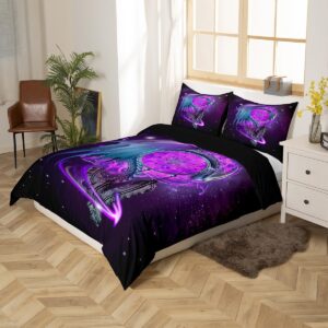 Erosebridal Galaxy Bedding Set Queen Size Dream Catcher Comforter Cover Boho Theme Duvet Cover Set Dragon and Feather Printed 3 Piece Bedding Decorative with 2 Pillow Cases for Kids Adults,Purple