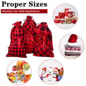 Aneco 6 Pack Buffalo Plaid Drawstring Christmas Gift Bags Christmas Sack for Gifts Cotton Cloth Red and Black Plaid Christmas Fabric Bags Assorted Sizes for Party Favors