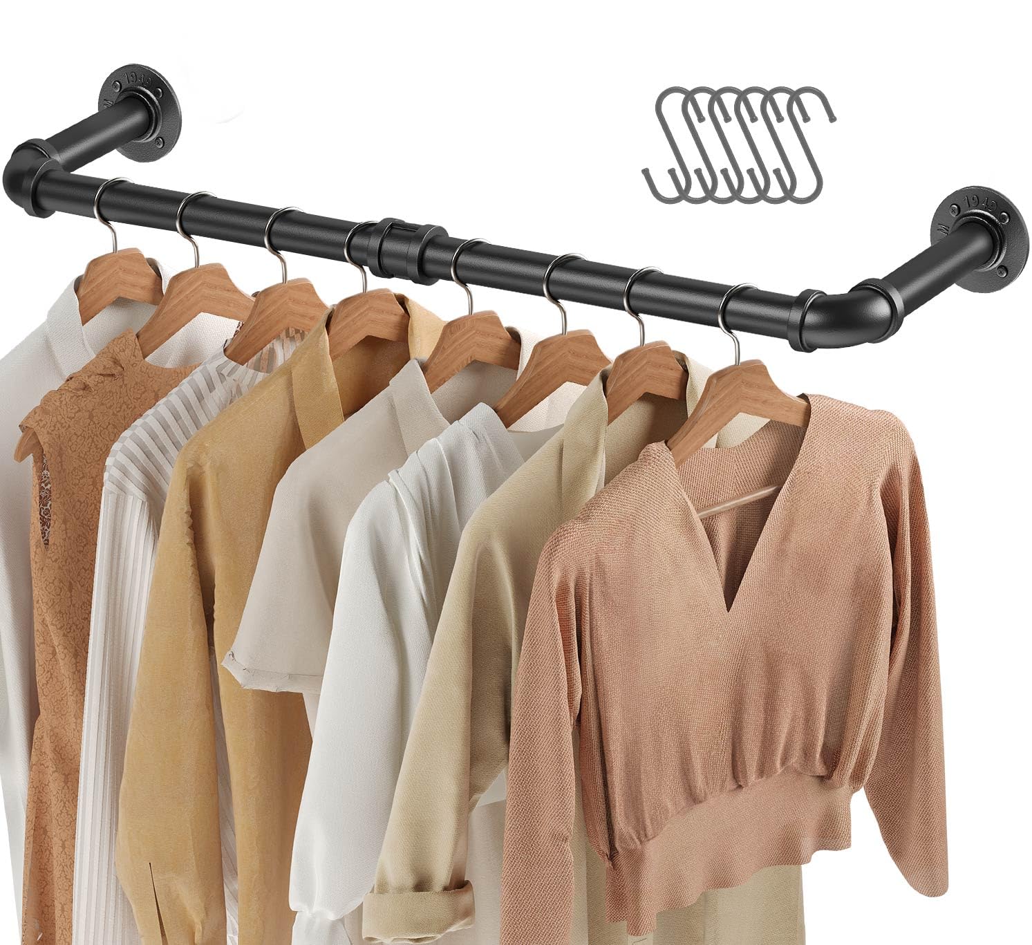 Greenstell Wall Mounted Clothes Rack, 36.2in Industrial Pipe Clothing Rack for Hanging Clothes, Space-Saving Closet Rod, Multi-Purpose Hanging Rod for Bedroom, Laundry Room, 2 Base (1 Pack)