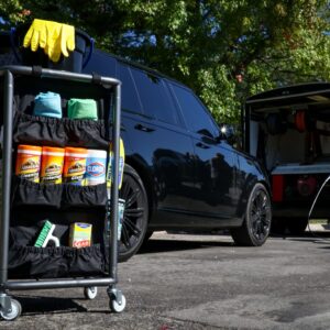 Housekeeping and Janitorial Cart with Rolling Wheels, Black Bag, Compact Steel Frame, Hammertone Finish