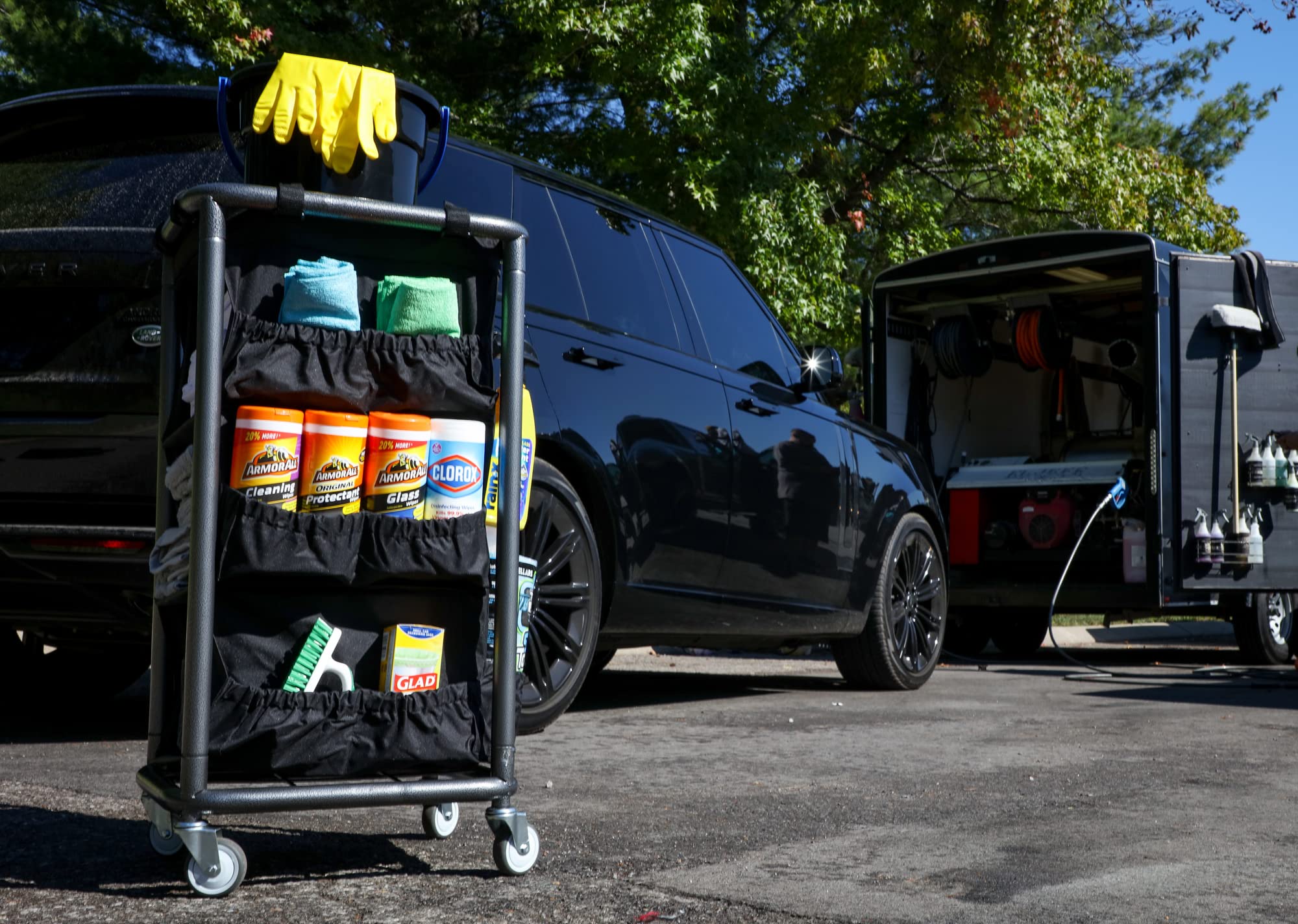 Housekeeping and Janitorial Cart with Rolling Wheels, Black Bag, Compact Steel Frame, Hammertone Finish