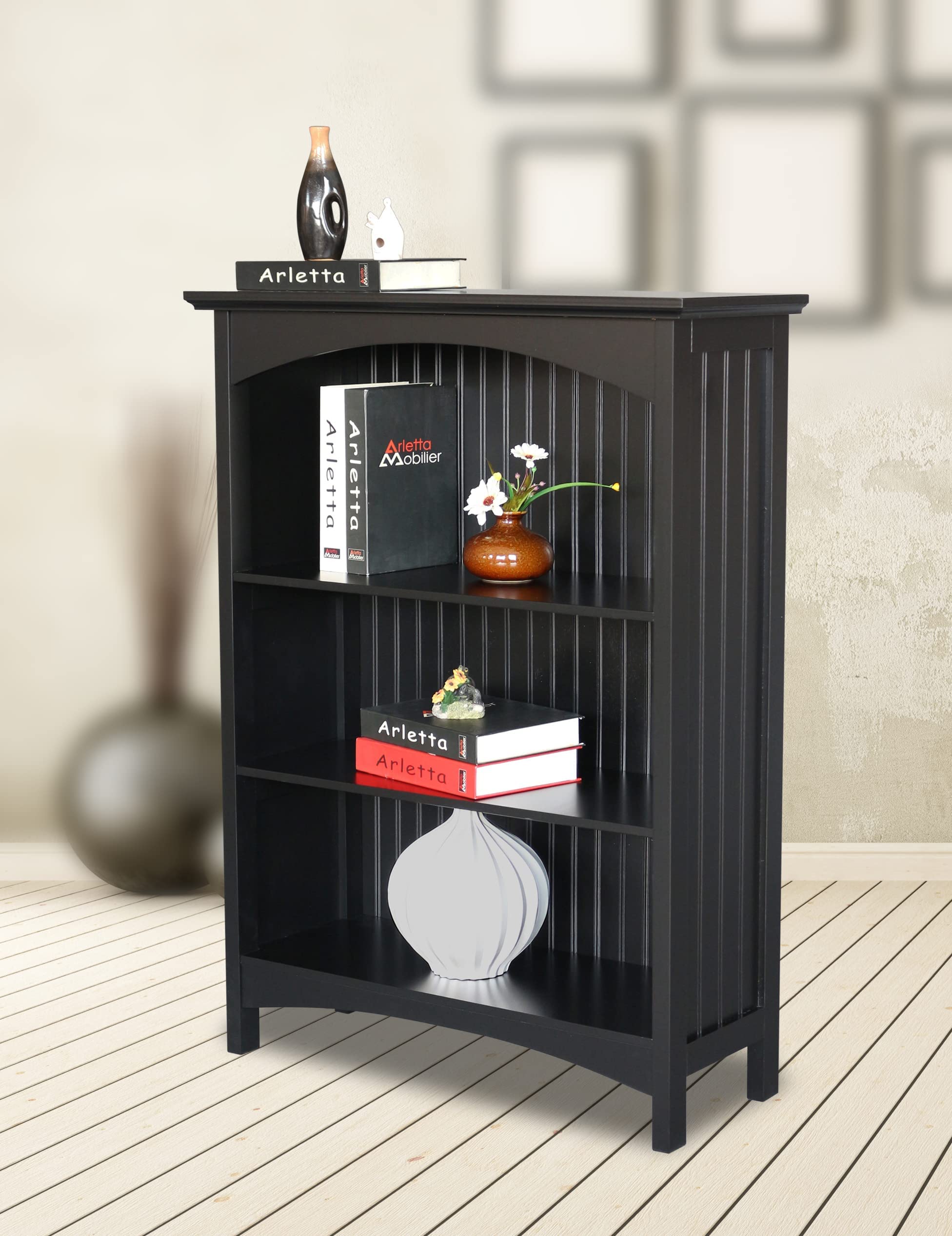 eHemco 3 Tier Bookcase with 2 Arched Supports, 40 Inches, Black