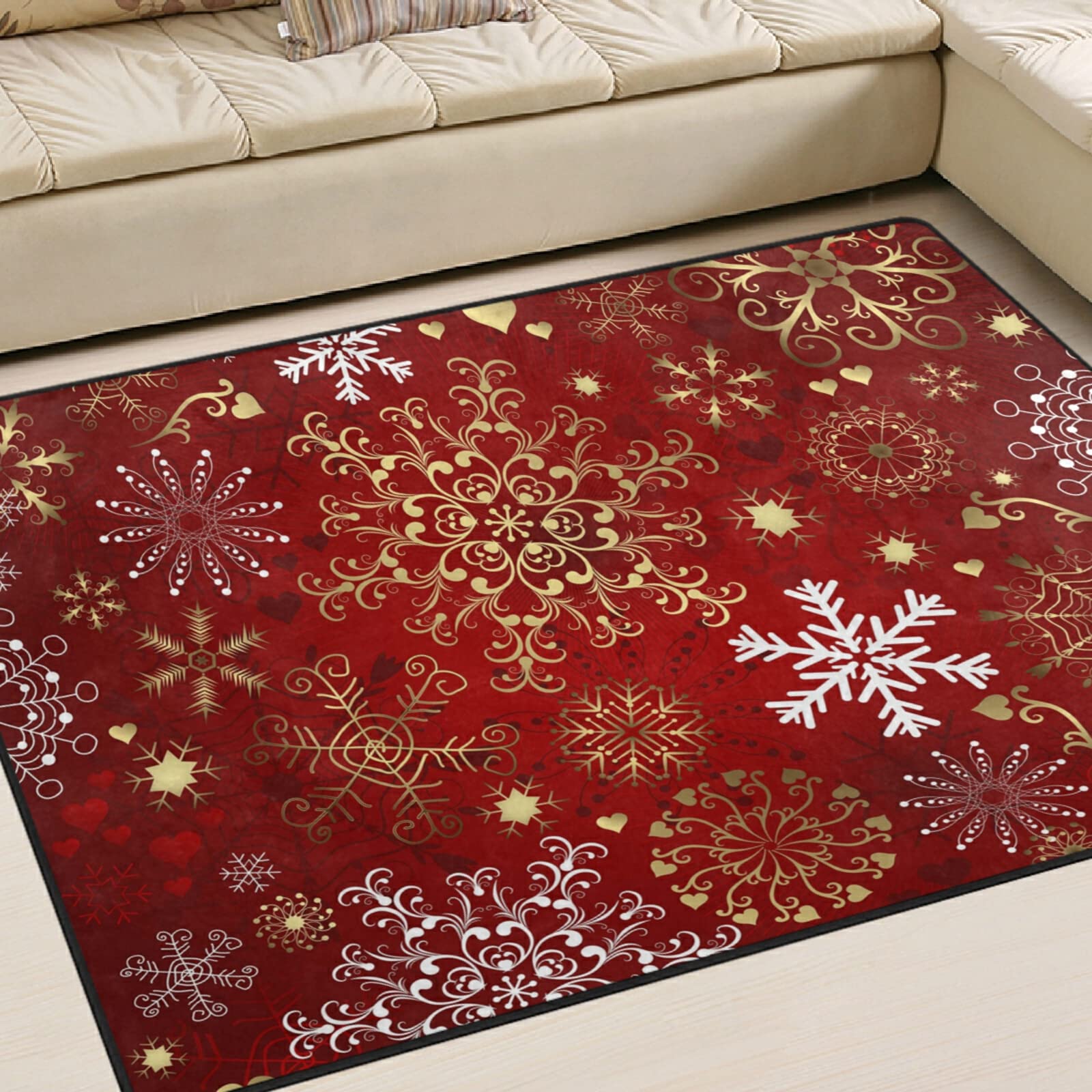 SUABO Christmas Area Rug, Red Snowflakes Non Slip Area Rug Nursery Rug Floor Mats Carpet for Living Dinning Room Bedroom Kitchen 3'x5'