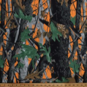 fleece deep woods camo orange camouflage tree leaves leaf branch fleece fabric print by the yard a505.38