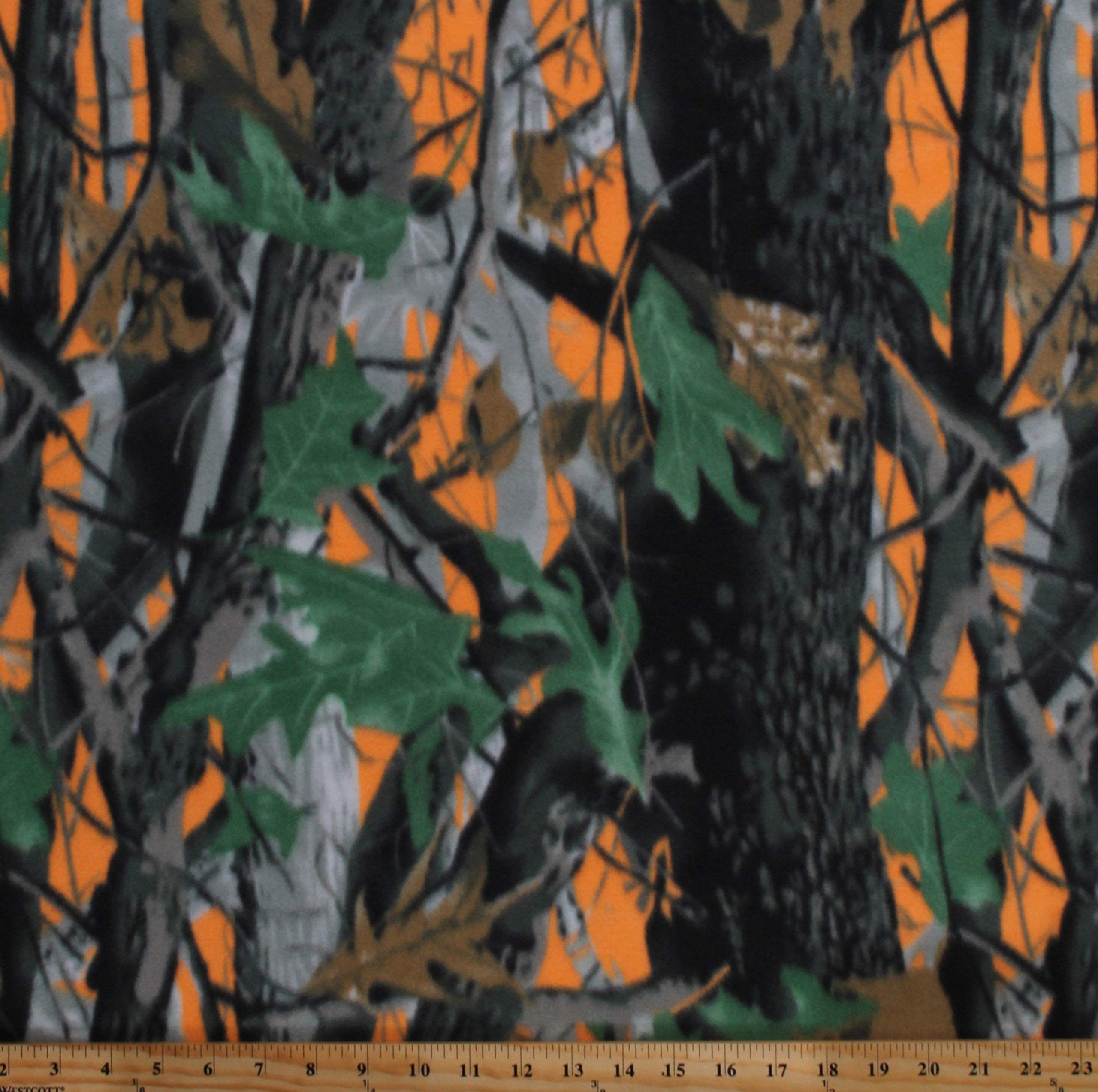 Fleece Deep Woods Camo Orange Camouflage Tree Leaves Leaf Branch Fleece Fabric Print by The Yard A505.38