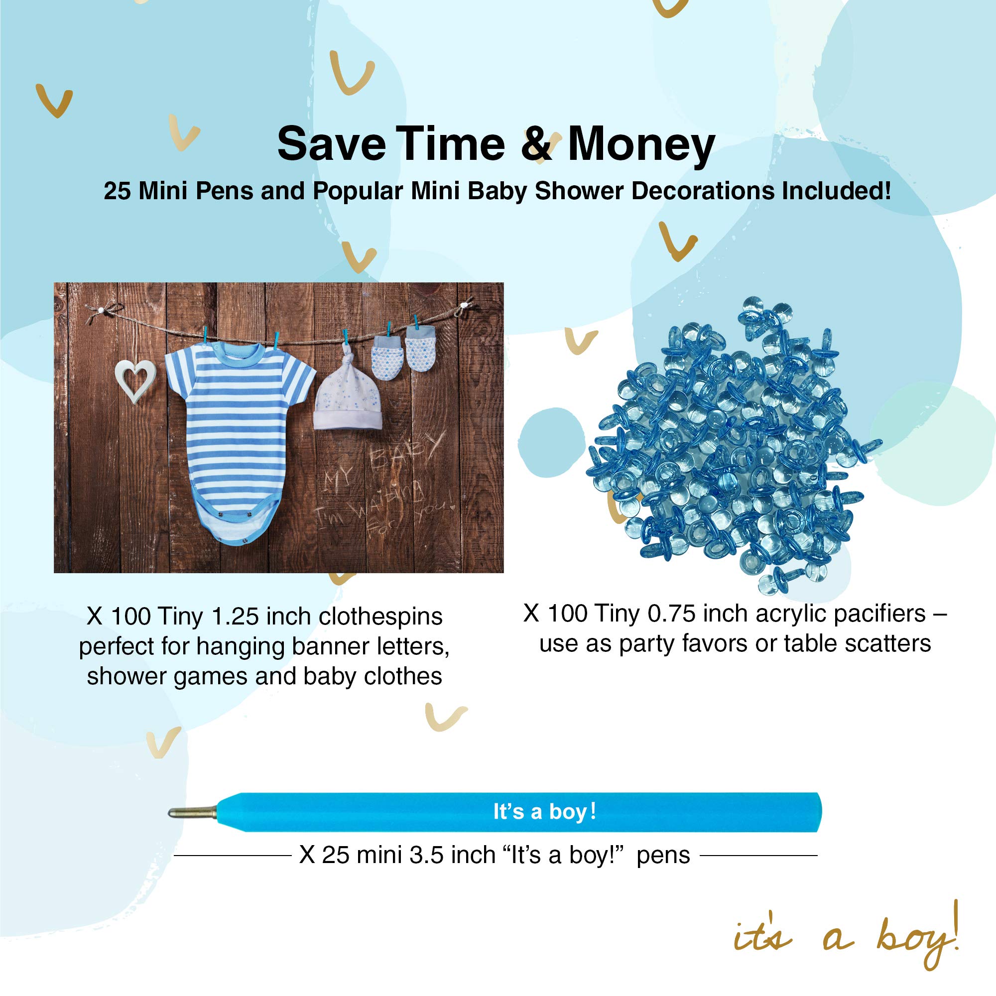 Dessie Baby Shower Games for Boys - Ultimate Boy Baby Shower Kit Includes 9 Unique Games, 25 Pens and Baby Boy Shower Decorations (100 Mini Clothespins +100 Mini Acrylic Pacifiers)