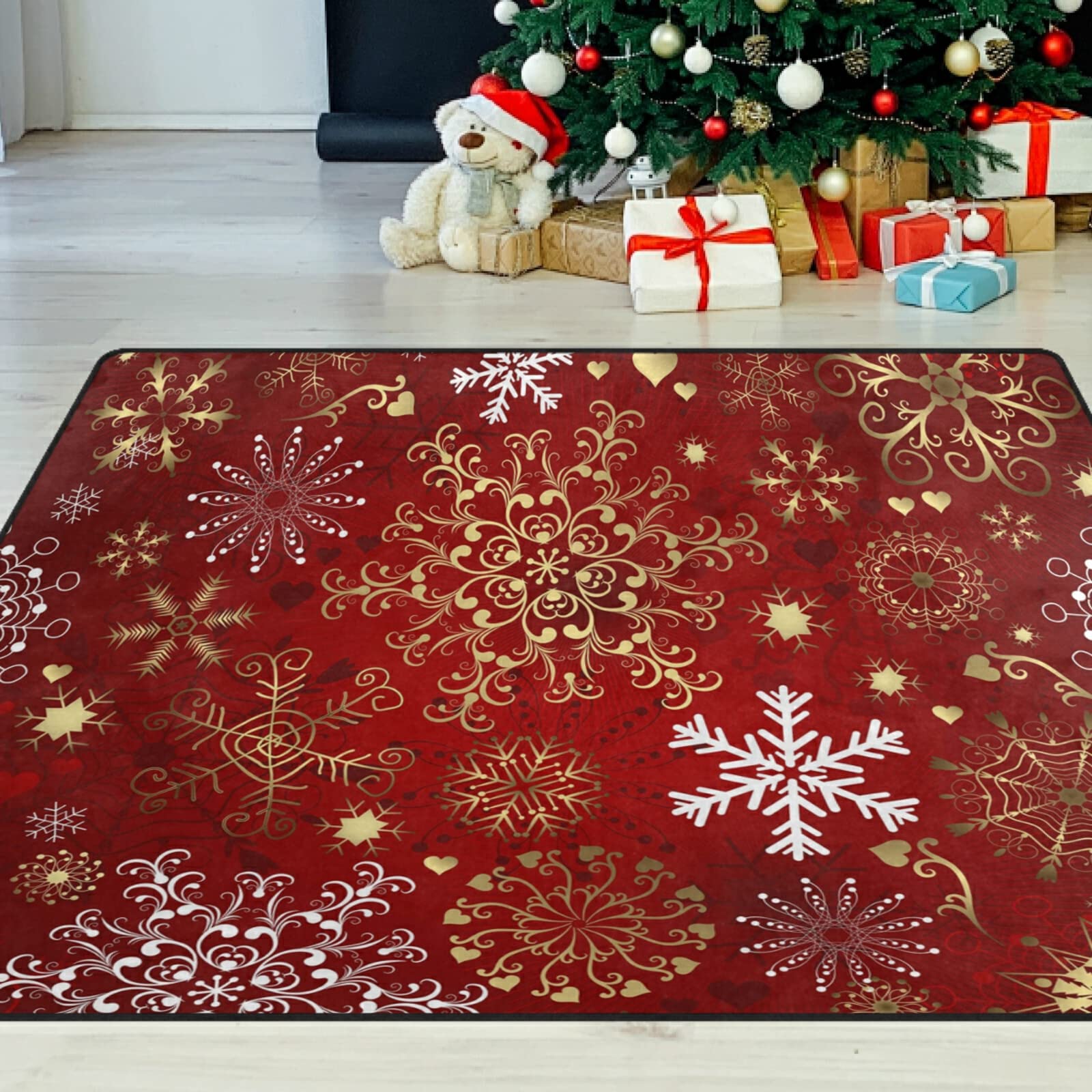 SUABO Christmas Area Rug, Red Snowflakes Non Slip Area Rug Nursery Rug Floor Mats Carpet for Living Dinning Room Bedroom Kitchen 3'x5'