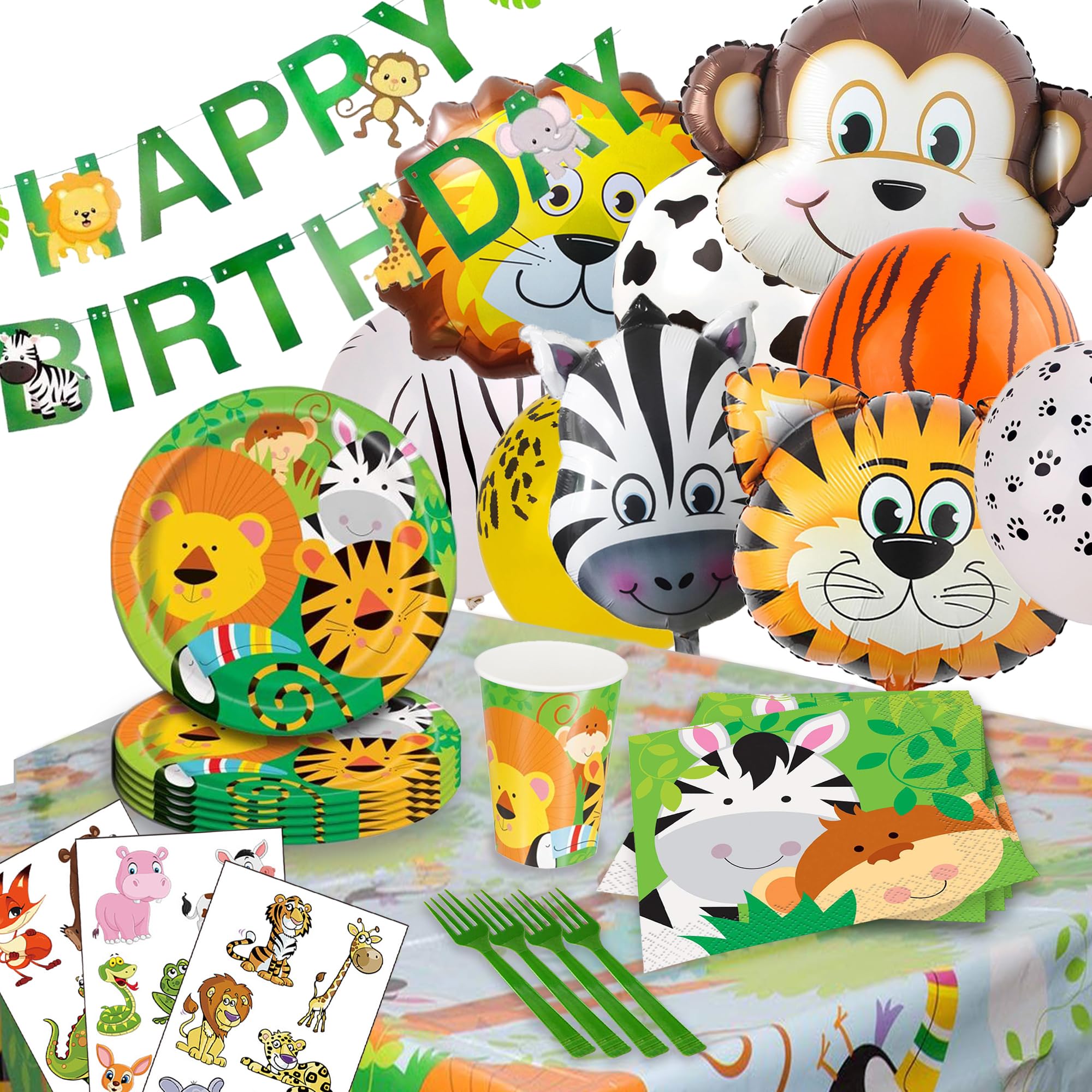 Jungle Party Supplies, Safari Birthday Decorations - Safari Theme Balloons, Birthday Banner, Paper Plates, Cups, Napkins, Forks, Tablecloth, Zoo Animals Tattoos