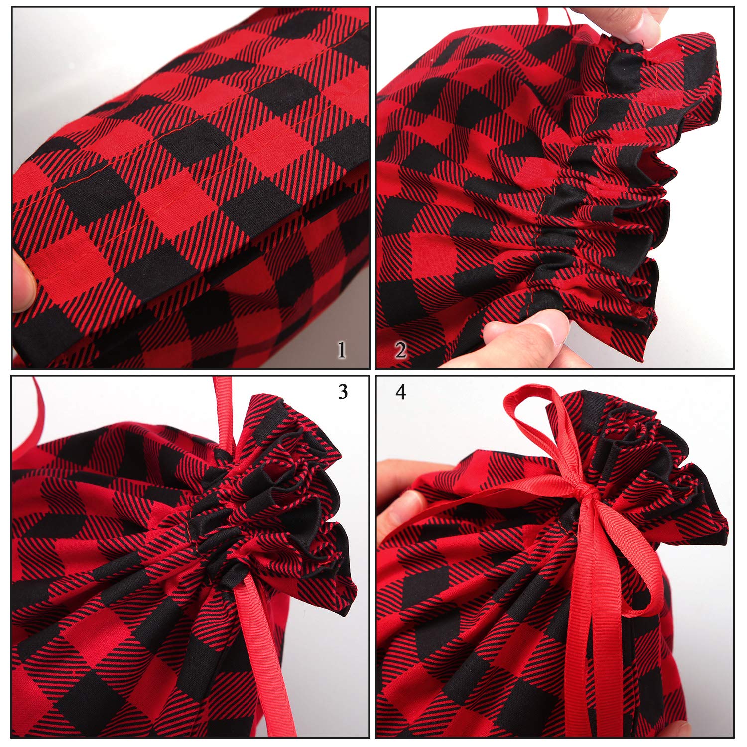 Aneco 6 Pack Buffalo Plaid Drawstring Christmas Gift Bags Christmas Sack for Gifts Cotton Cloth Red and Black Plaid Christmas Fabric Bags Assorted Sizes for Party Favors