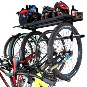 storeyourboard 5 bike essential garage rack, wall mount bicycle storage, adjustable hanger system (5 bike rack + shelf)