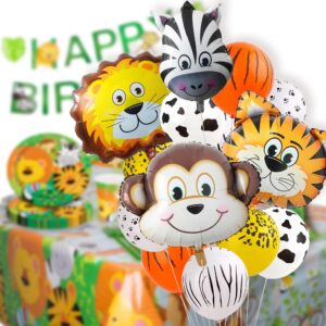 Jungle Party Supplies, Safari Birthday Decorations - Safari Theme Balloons, Birthday Banner, Paper Plates, Cups, Napkins, Forks, Tablecloth, Zoo Animals Tattoos