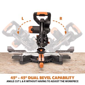 Evolution Power Tools R255SMS-DB+ 10-Inch Dual Bevel Sliding Miter Saw Multi-Material, Multipurpose Cutting Cuts Metal, Plastic, Wood 45˚-45˚ Double Bevel & 50˚-50˚ Miter TCT Blade Included