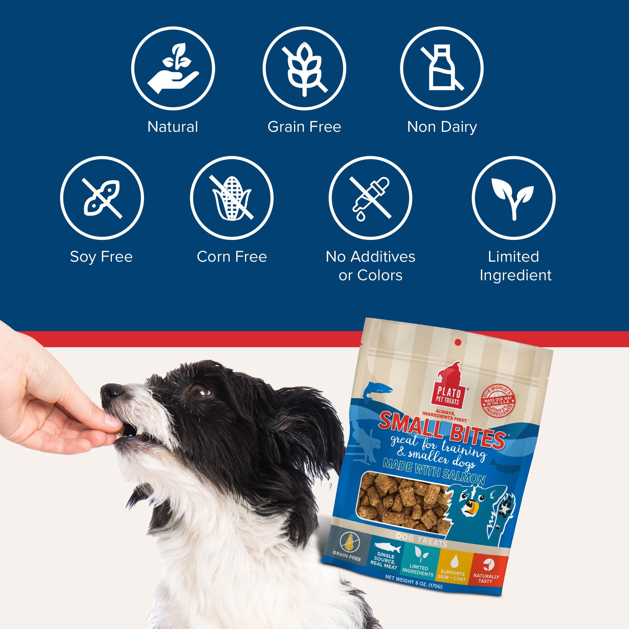 PLATO Small Bites Dog Treats, Natural Bite Sized Real Meat & Salmon Flavor, Grain Free & High in Protein, Air Dried Authentic Ingredients, 2 Calories Per Treat, Made in the USA, 6 Ounces