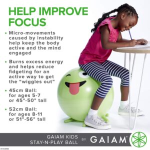 Gaiam Kids Stay-N-Play Children's Balance Ball, Flexible School Chair Active Classroom Desk Alternative Seating, Built-In Stay-Put Soft Stability Legs, Includes Air Pump, 45cm, Green Crazy Silly