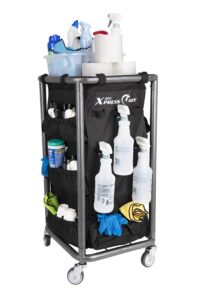 housekeeping and janitorial cart with rolling wheels, black bag, compact steel frame, hammertone finish