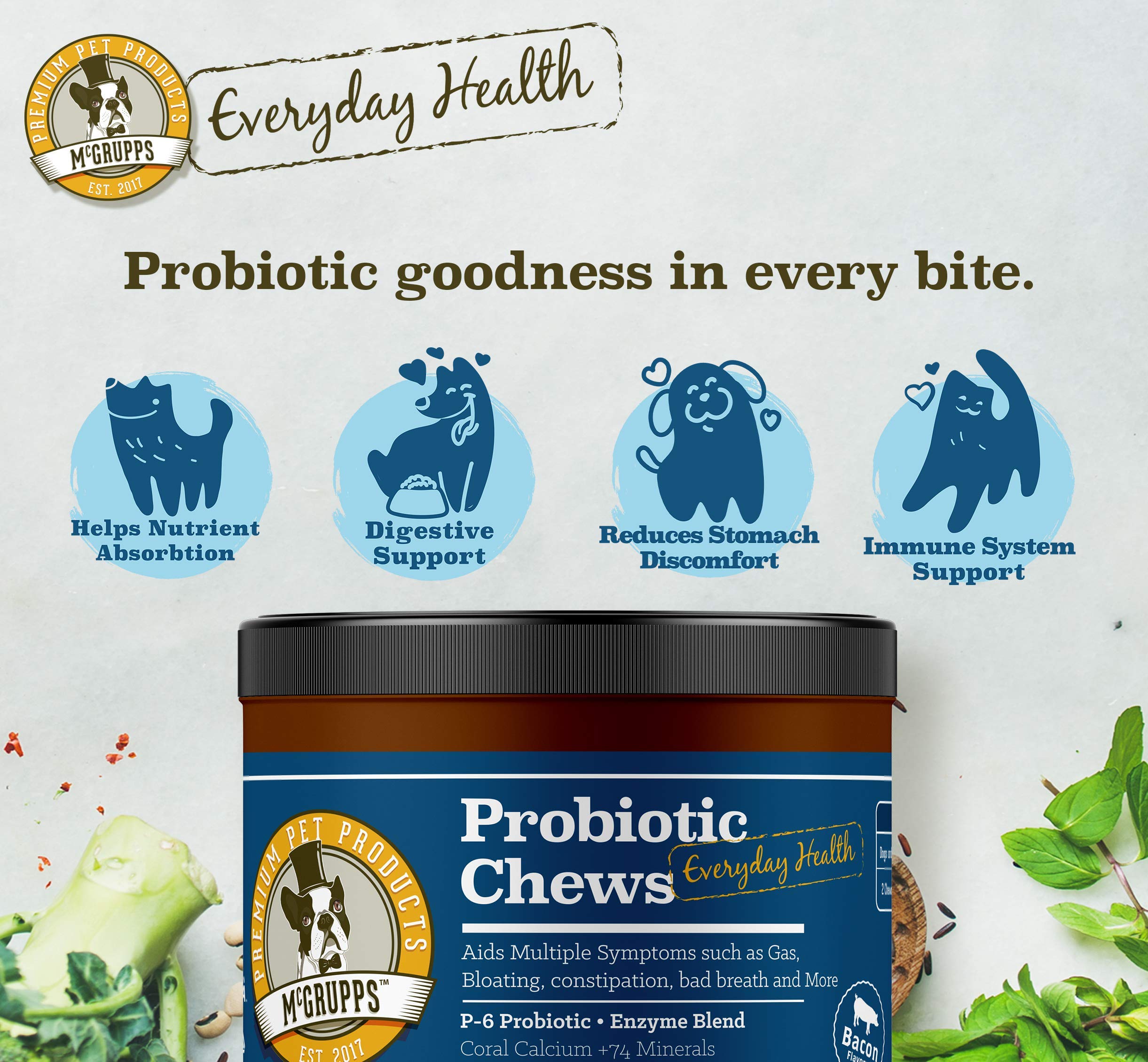 Mcgrupps Probiotic Chews for Dogs - with Natural Digestive Enzymes + Prebiotics - for Diarrhea & Upset Stomach Relief + Gas & Constipation - Allergy & Immune + Hot Spots - Made in The USA - 130 Ct