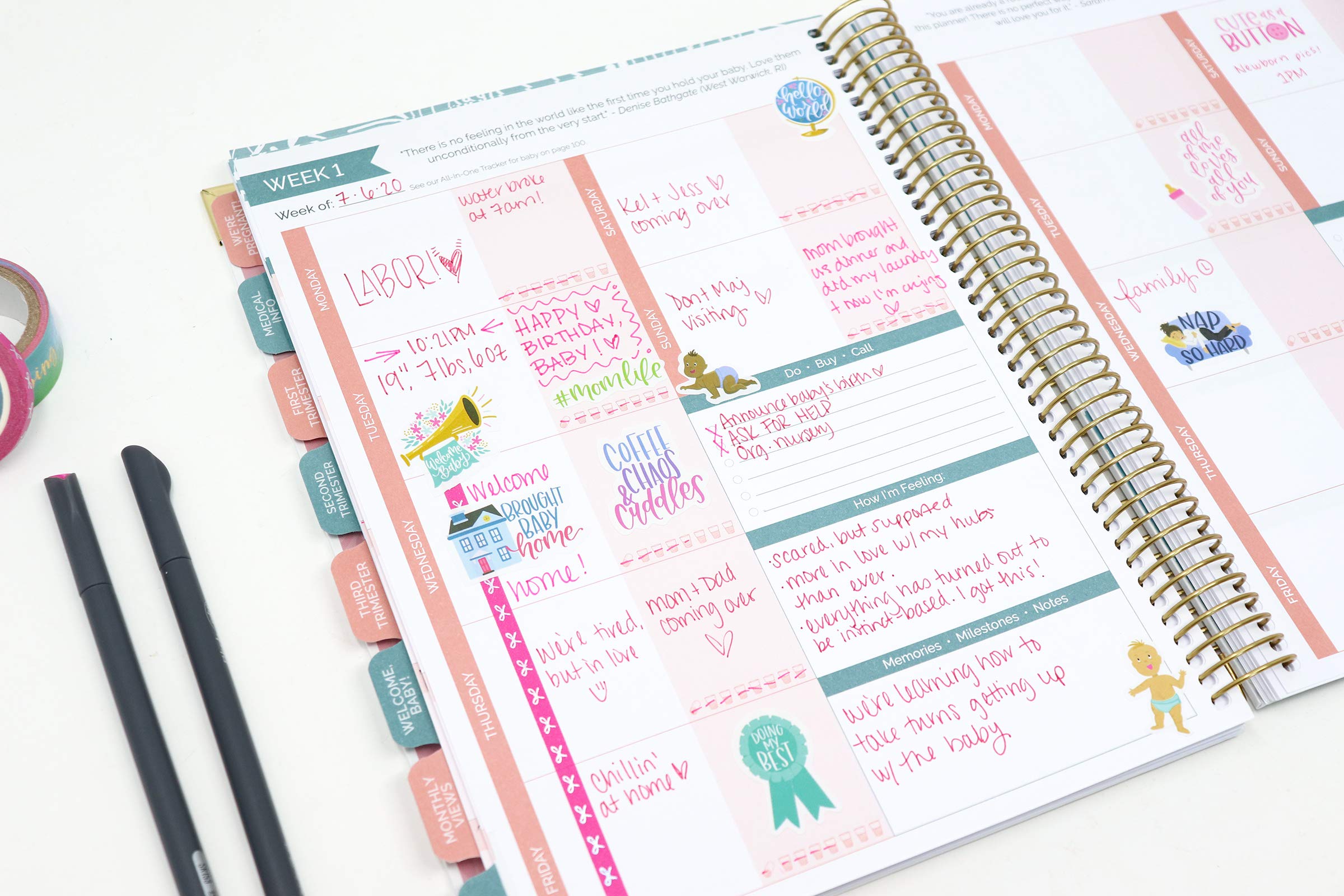 bloom daily planners New Pregnancy and Baby's First Year Calendar Planner & Keepsake Journal with Stickers - Hardcover Scrapbook Memory Book Organizer - Undated - 8” x 10" - Green & Pink