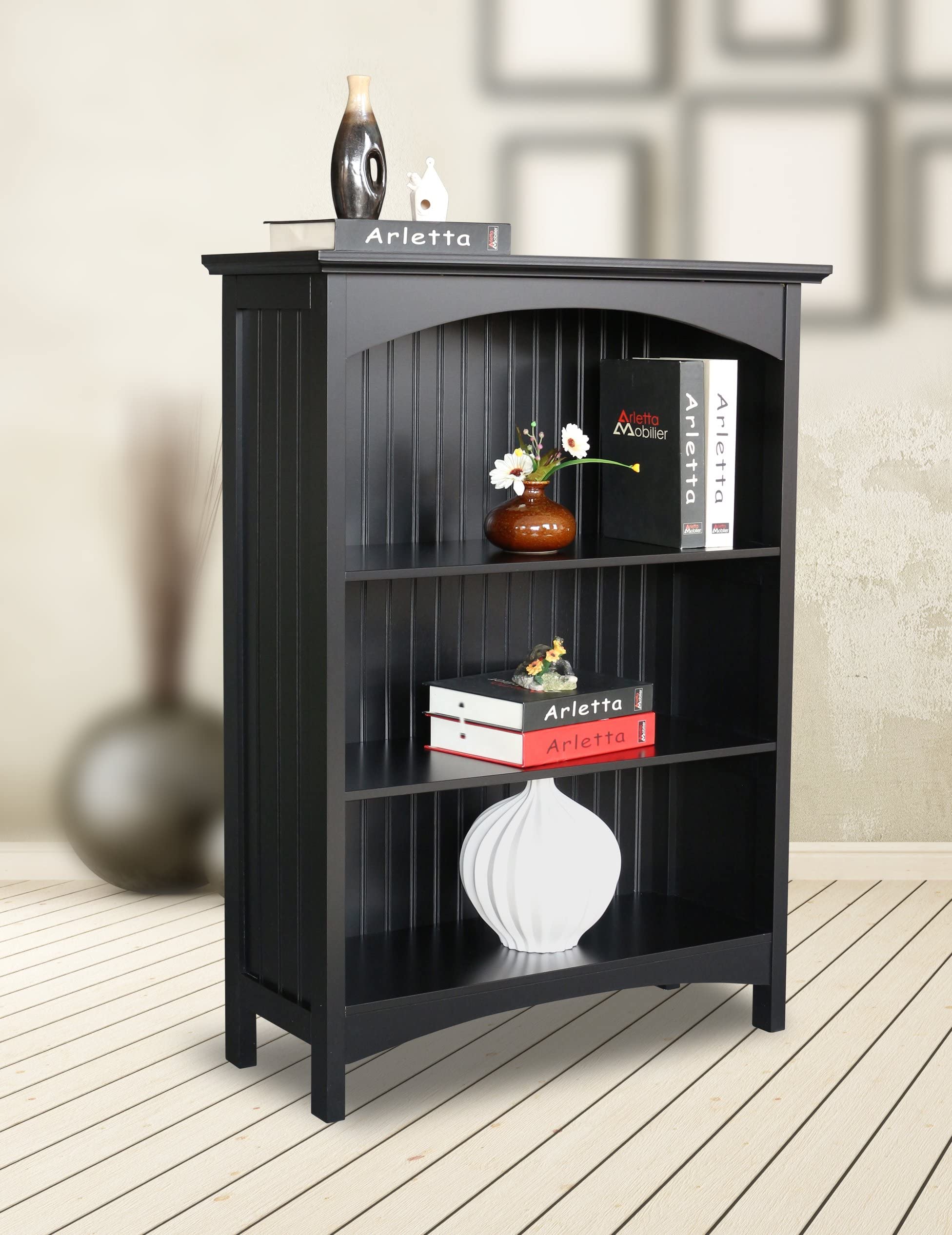 eHemco 3 Tier Bookcase with 2 Arched Supports, 40 Inches, Black