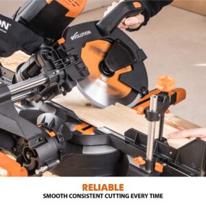 Evolution Power Tools R255SMS-DB+ 10-Inch Dual Bevel Sliding Miter Saw Multi-Material, Multipurpose Cutting Cuts Metal, Plastic, Wood 45˚-45˚ Double Bevel & 50˚-50˚ Miter TCT Blade Included