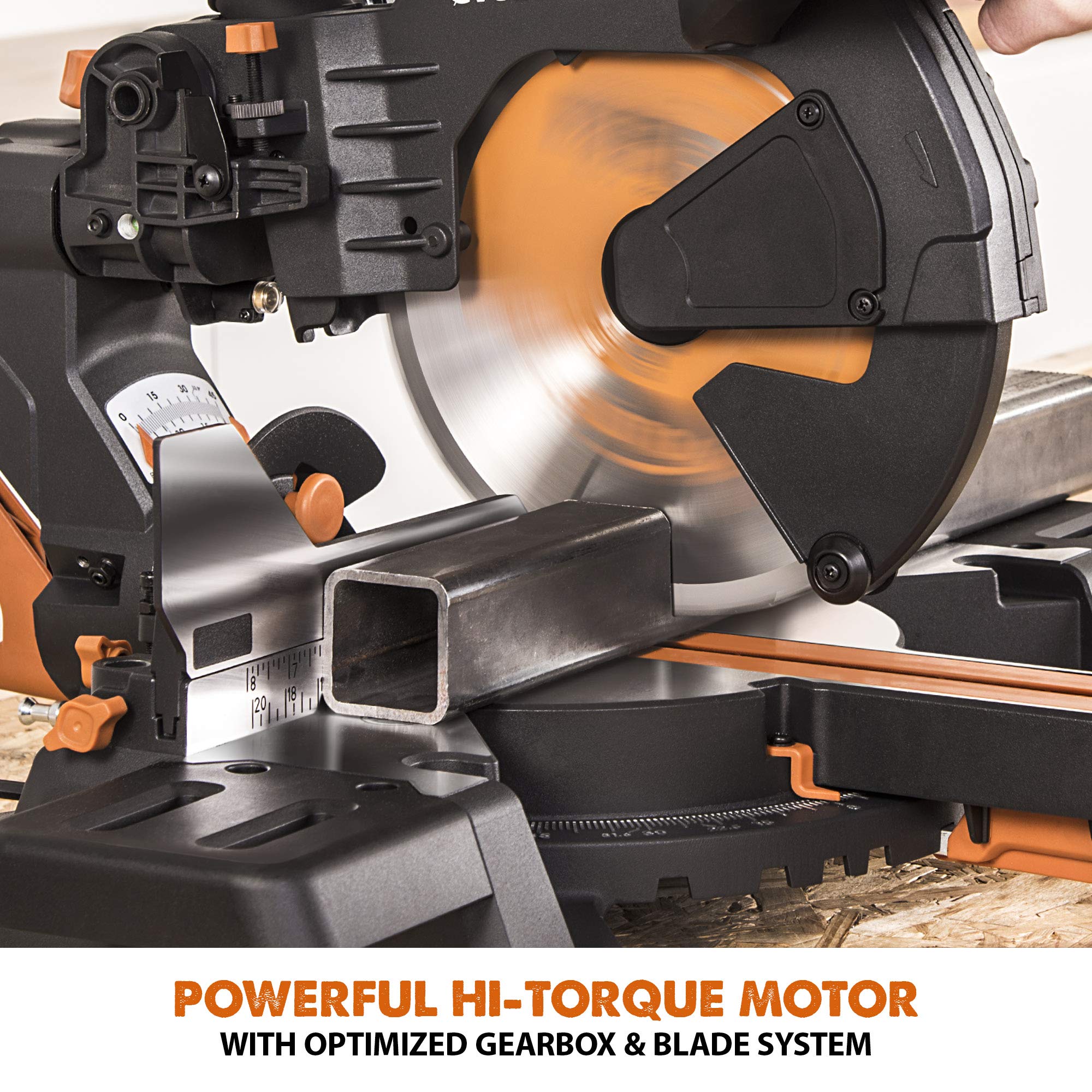 Evolution Power Tools R255SMS-DB+ 10-Inch Dual Bevel Sliding Miter Saw Multi-Material, Multipurpose Cutting Cuts Metal, Plastic, Wood 45˚-45˚ Double Bevel & 50˚-50˚ Miter TCT Blade Included