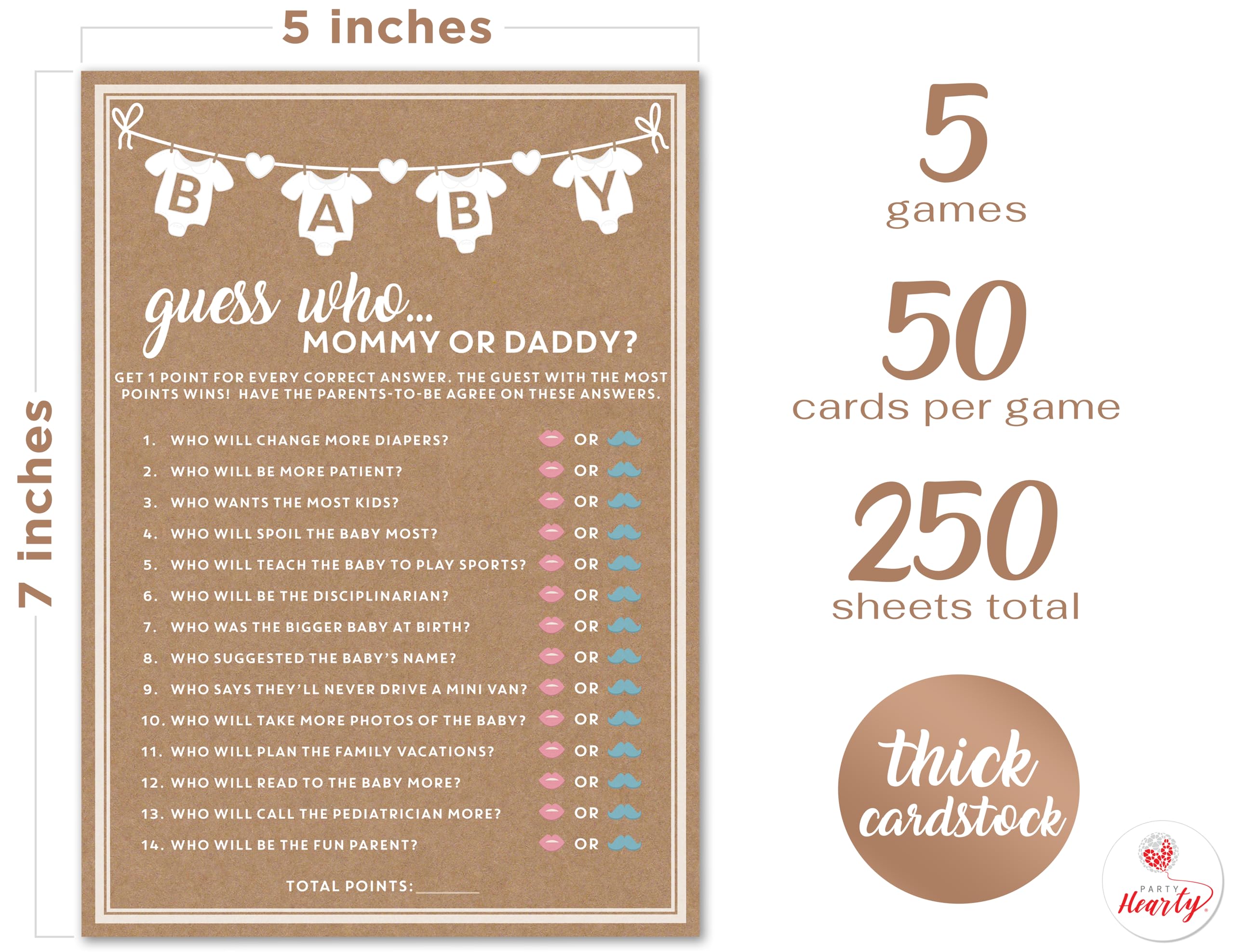 Party Hearty Baby Shower Games for Girl or Boy, 250 pcs 5 Games Activities Cards, Funny Baby Shower Games, Gender Neutral, Baby Shower Ideas