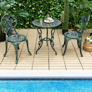 HAPPYGRILL 3-Piece Outdoor Bistro Set Rust-Resistant Cast Aluminum Table and Chairs with Elegant Rose Pattern, Outdoor Furniture Set with 1.9” Umbrella Hole for Balcony Backyard Garden Deck