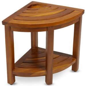 teakcraft teak corner bench with shelf and basket, fully assembled, 16 inch, the loki