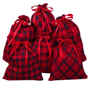 aneco 6 pack buffalo plaid drawstring christmas gift bags christmas sack for gifts cotton cloth red and black plaid christmas fabric bags assorted sizes for party favors