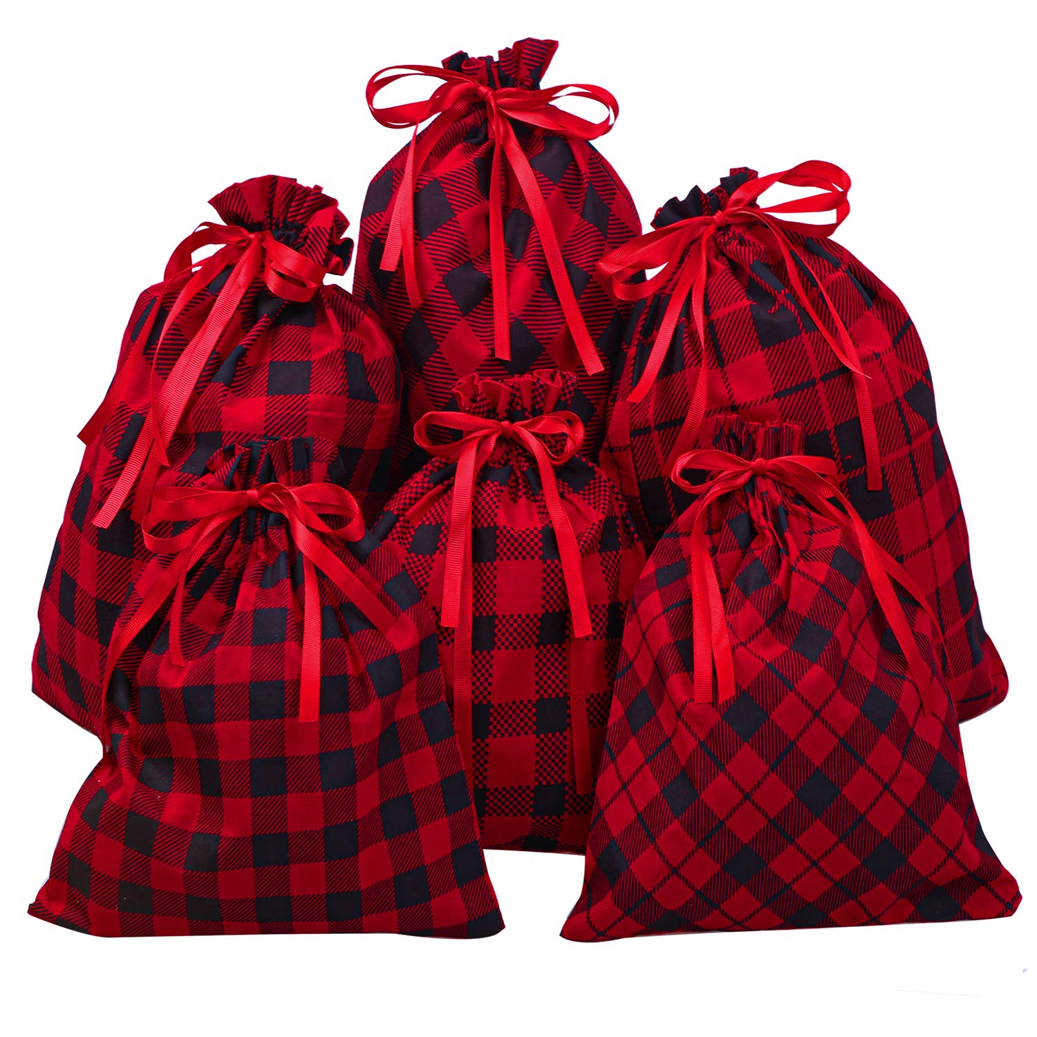 Aneco 6 Pack Buffalo Plaid Drawstring Christmas Gift Bags Christmas Sack for Gifts Cotton Cloth Red and Black Plaid Christmas Fabric Bags Assorted Sizes for Party Favors