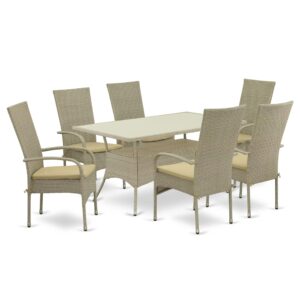 east west furniture osos7-03a oslo 7 piece patio furniture wicker outdoor set consist of a rectangle dining table with glass top and 6 balcony armchair with cushion, 36x60 inch