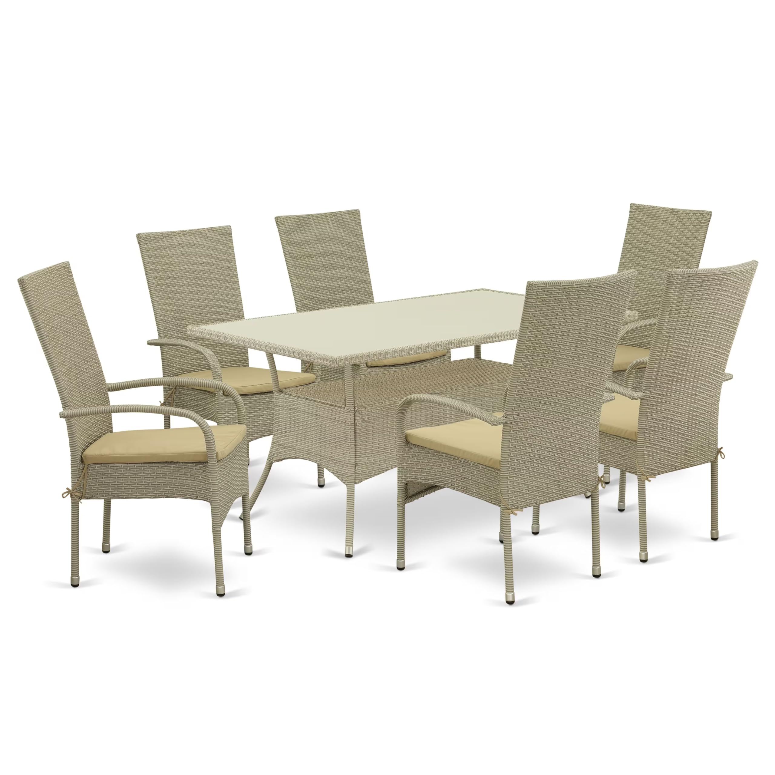 East West Furniture OSOS7-03A Oslo 7 Piece Patio Furniture Wicker Outdoor Set Consist of a Rectangle Dining Table with Glass Top and 6 Balcony Armchair with Cushion, 36x60 Inch