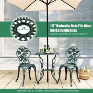 HAPPYGRILL 3-Piece Outdoor Bistro Set Rust-Resistant Cast Aluminum Table and Chairs with Elegant Rose Pattern, Outdoor Furniture Set with 1.9” Umbrella Hole for Balcony Backyard Garden Deck