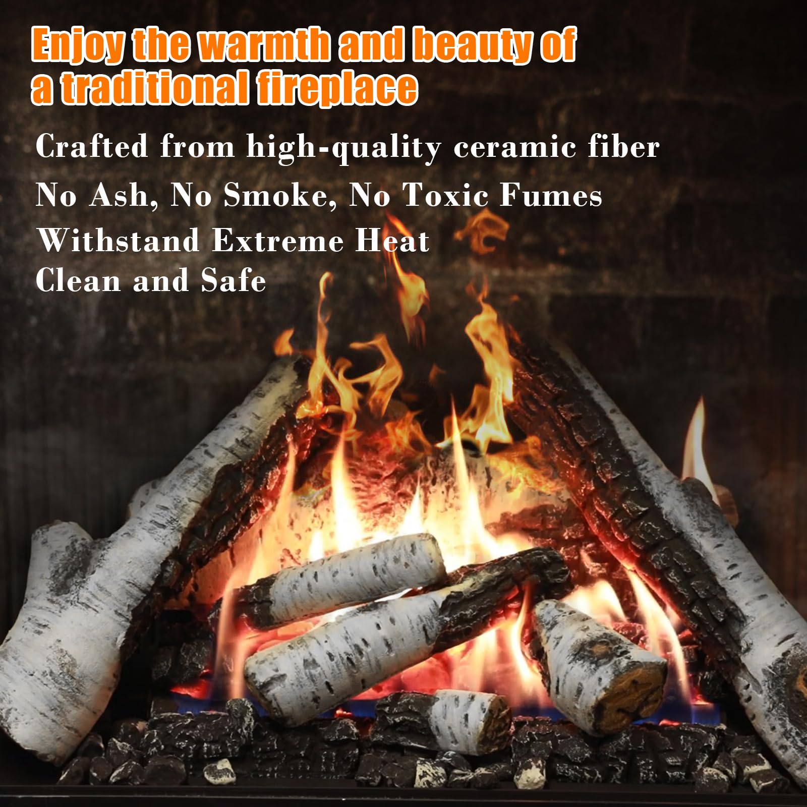 Hisencn Gas Fireplace Logs Set, Ceramic White Birch Log for Gas Fireplace Intdoor Inserts, Vented, Electric Gas Fireplaces, Outdoor Firebowl, Linear Fire Pits Ceramic Fiber Fake Wood Logs, 6pcs