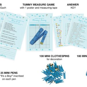 Dessie Baby Shower Games for Boys - Ultimate Boy Baby Shower Kit Includes 9 Unique Games, 25 Pens and Baby Boy Shower Decorations (100 Mini Clothespins +100 Mini Acrylic Pacifiers)