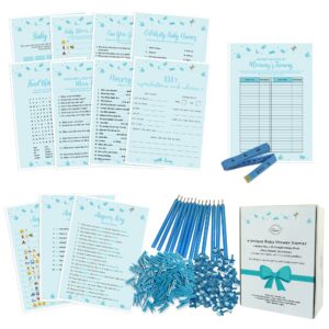 dessie baby shower games for boys - ultimate boy baby shower kit includes 9 unique games, 25 pens and baby boy shower decorations (100 mini clothespins +100 mini acrylic pacifiers)