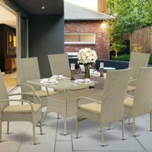 East West Furniture OSOS7-03A Oslo 7 Piece Patio Furniture Wicker Outdoor Set Consist of a Rectangle Dining Table with Glass Top and 6 Balcony Armchair with Cushion, 36x60 Inch