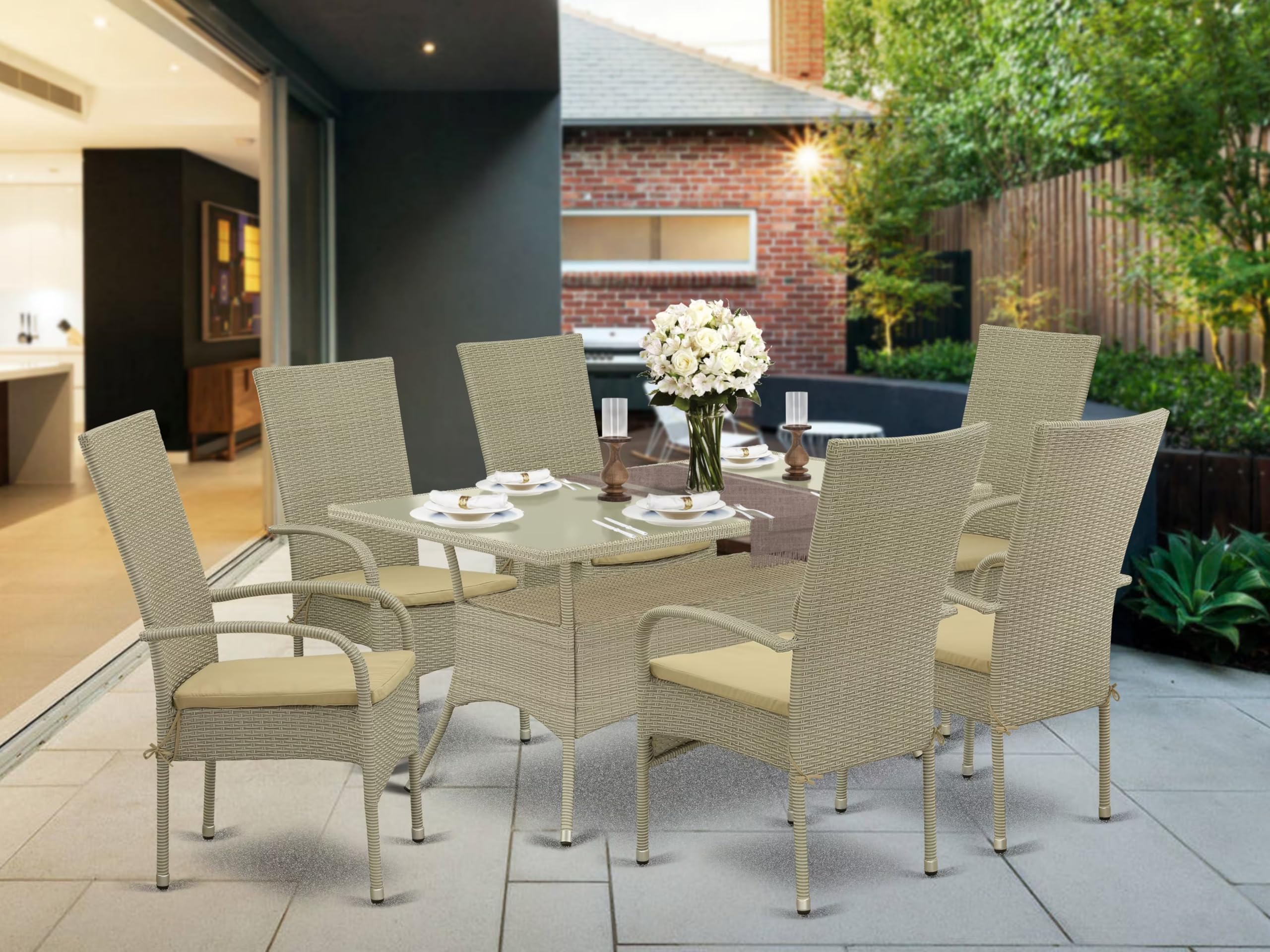 East West Furniture OSOS7-03A Oslo 7 Piece Patio Furniture Wicker Outdoor Set Consist of a Rectangle Dining Table with Glass Top and 6 Balcony Armchair with Cushion, 36x60 Inch