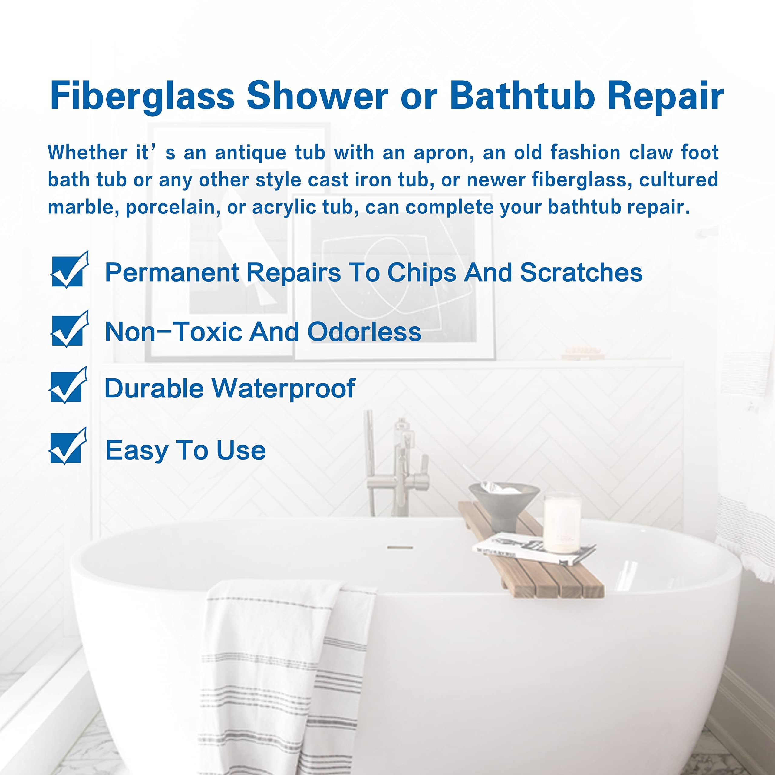 Fiberglass Tub Repair Kit (Color Match), 3.7oz Fiberglass Shower, Porcelain Sink and Acrylic Bathtub Repair Kit, Quick to Fix Cracks, Chips, Dents, Holes on Bath Tub & Toilet, Almond/Biscuit/Bone