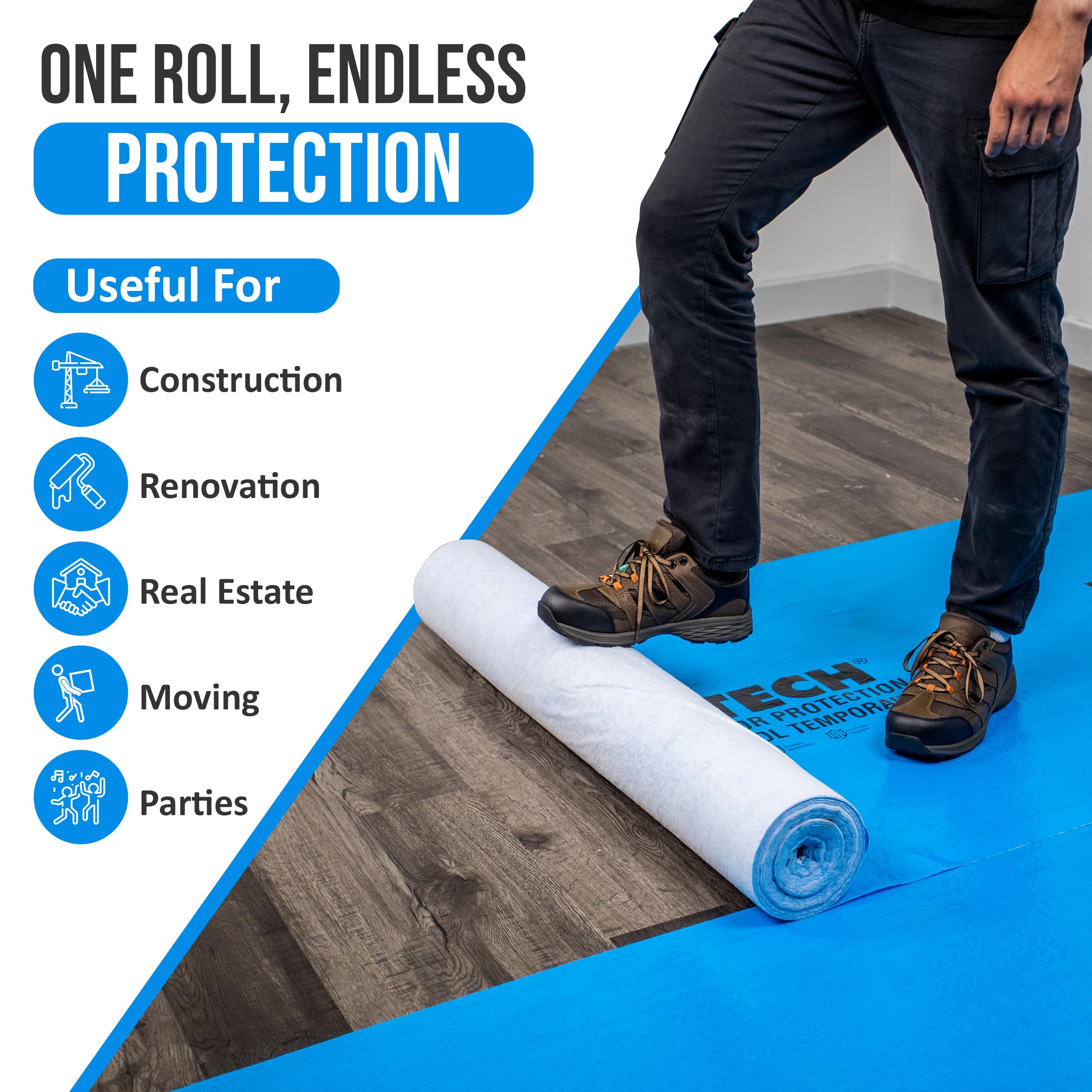 Temporary Floor Protection for Renovation, Painting, Construction - 40" x 45 ft, Covers 150 sqft