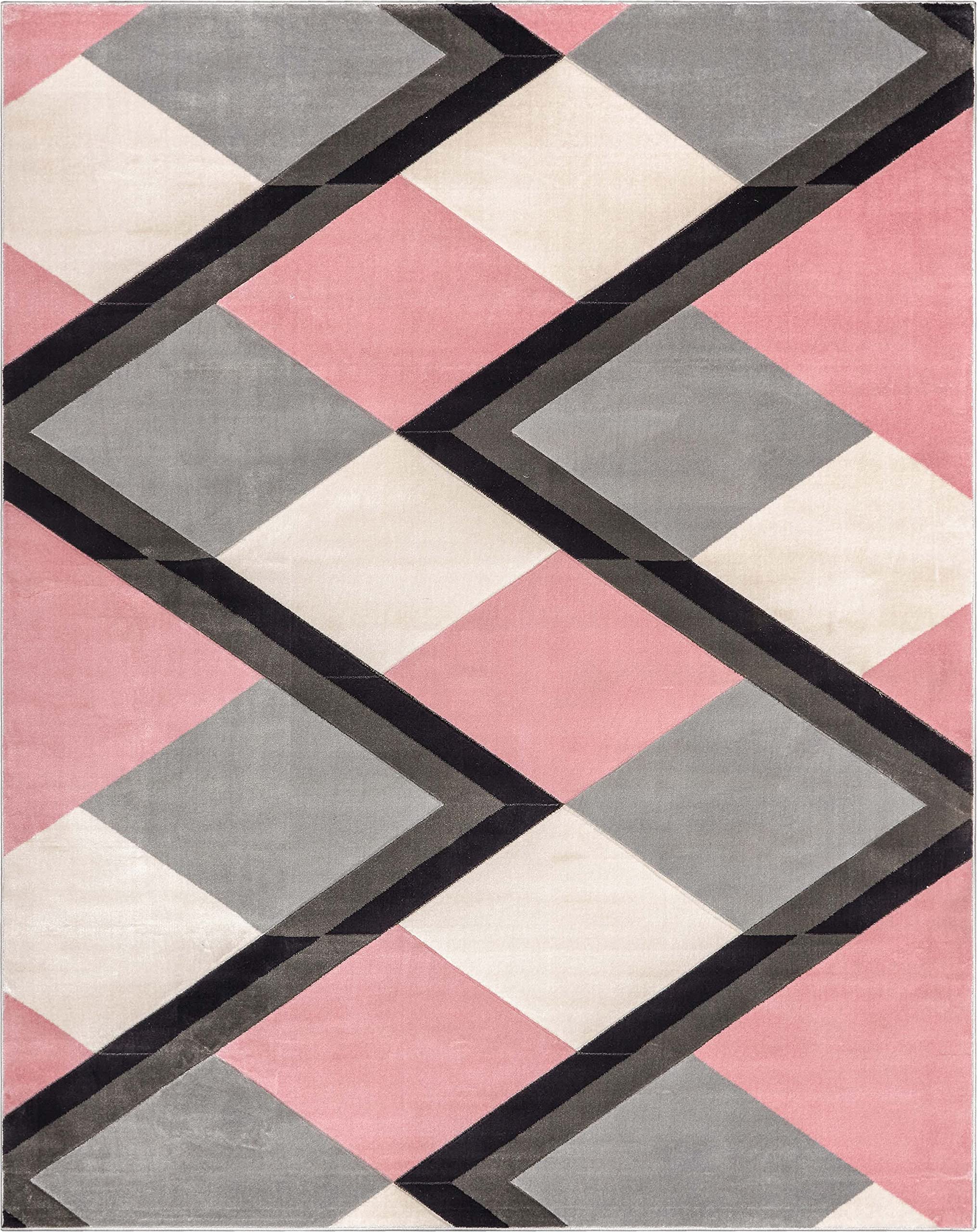 Well Woven Good Vibes Nora Blush Pink Modern Geometric Stripes and Boxes 7'10" x 9'10" 3D Texture Area Rug, Model