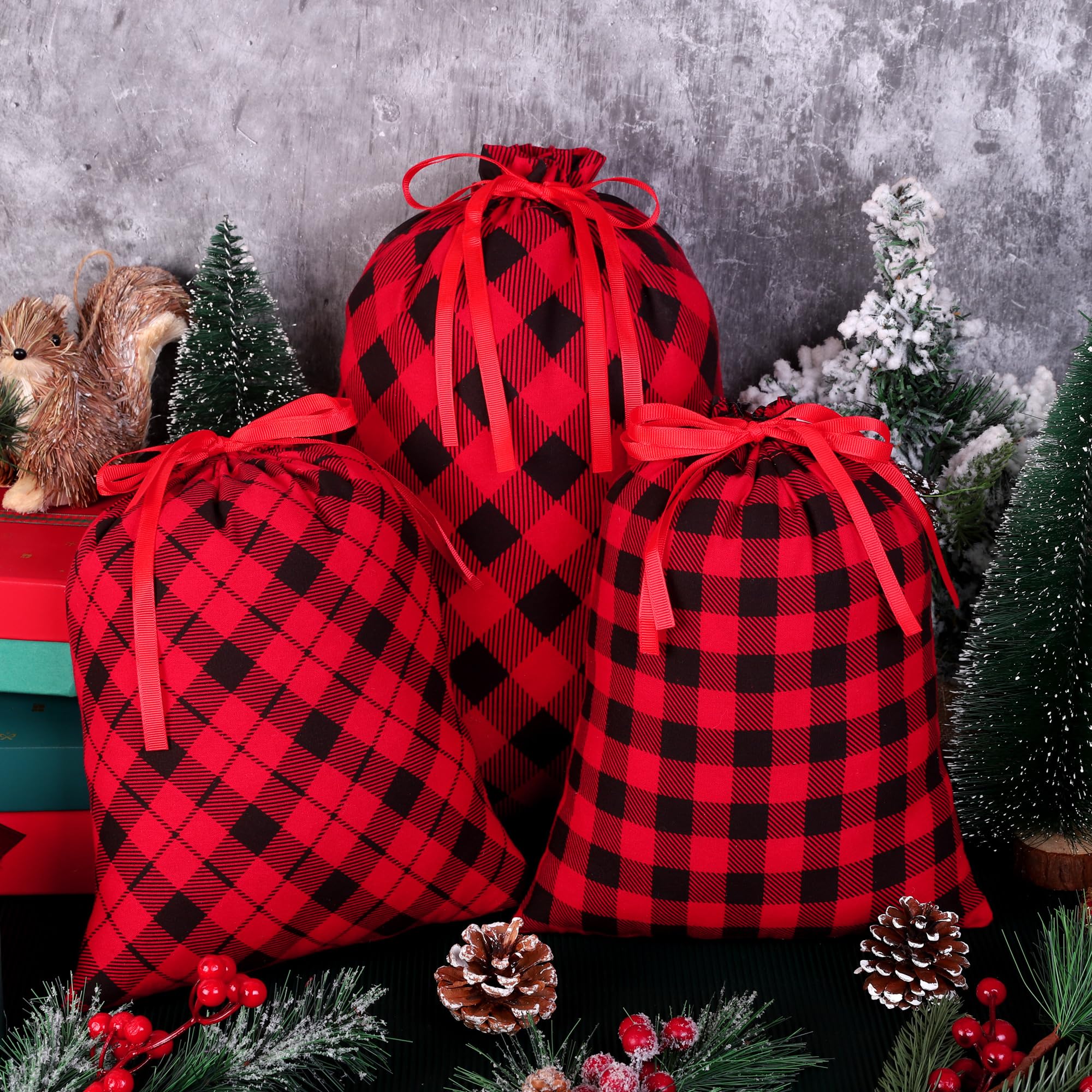 Aneco 6 Pack Buffalo Plaid Drawstring Christmas Gift Bags Christmas Sack for Gifts Cotton Cloth Red and Black Plaid Christmas Fabric Bags Assorted Sizes for Party Favors