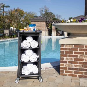 Housekeeping and Janitorial Cart with Rolling Wheels, Black Bag, Compact Steel Frame, Hammertone Finish