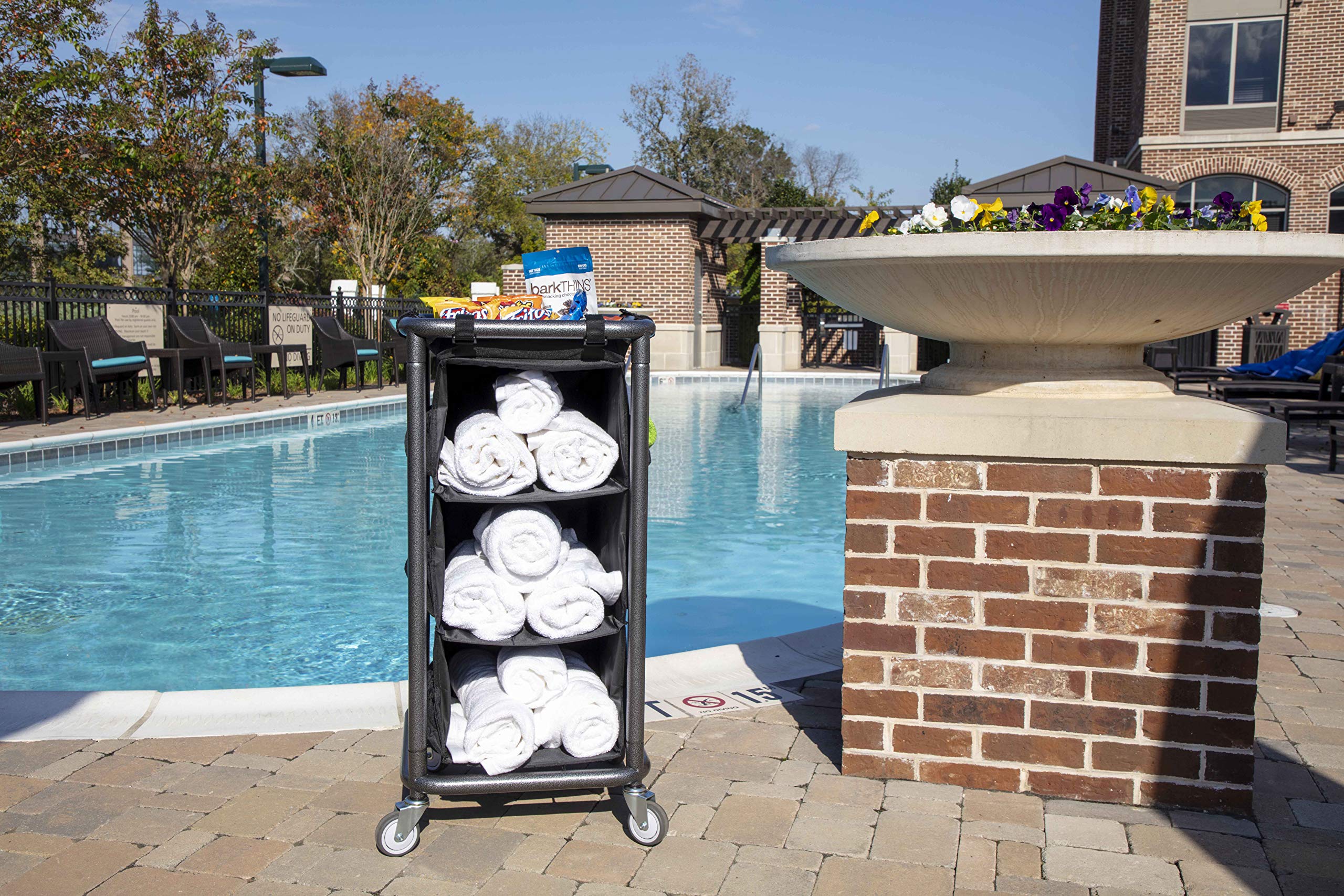 Housekeeping and Janitorial Cart with Rolling Wheels, Black Bag, Compact Steel Frame, Hammertone Finish