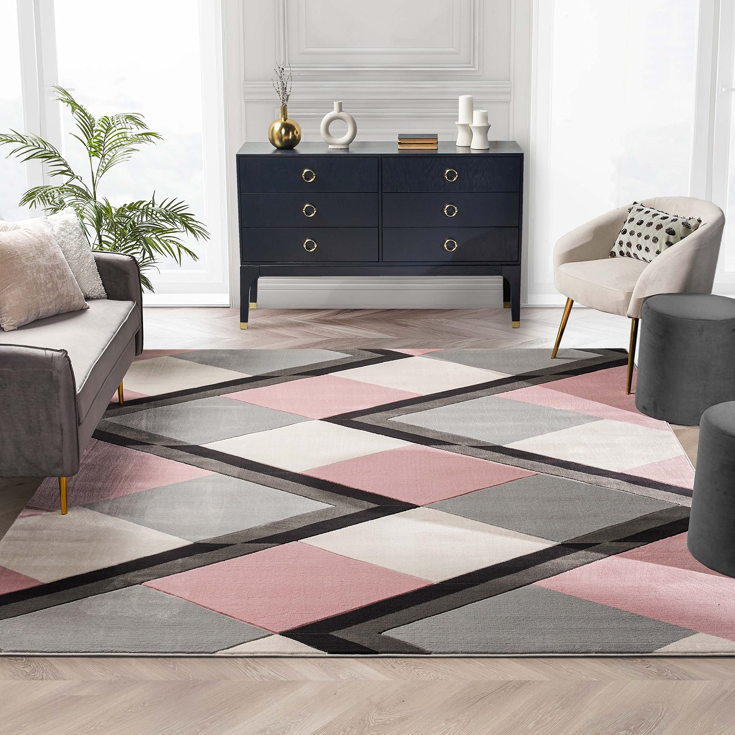 Well Woven Good Vibes Nora Blush Pink Modern Geometric Stripes and Boxes 7'10" x 9'10" 3D Texture Area Rug, Model