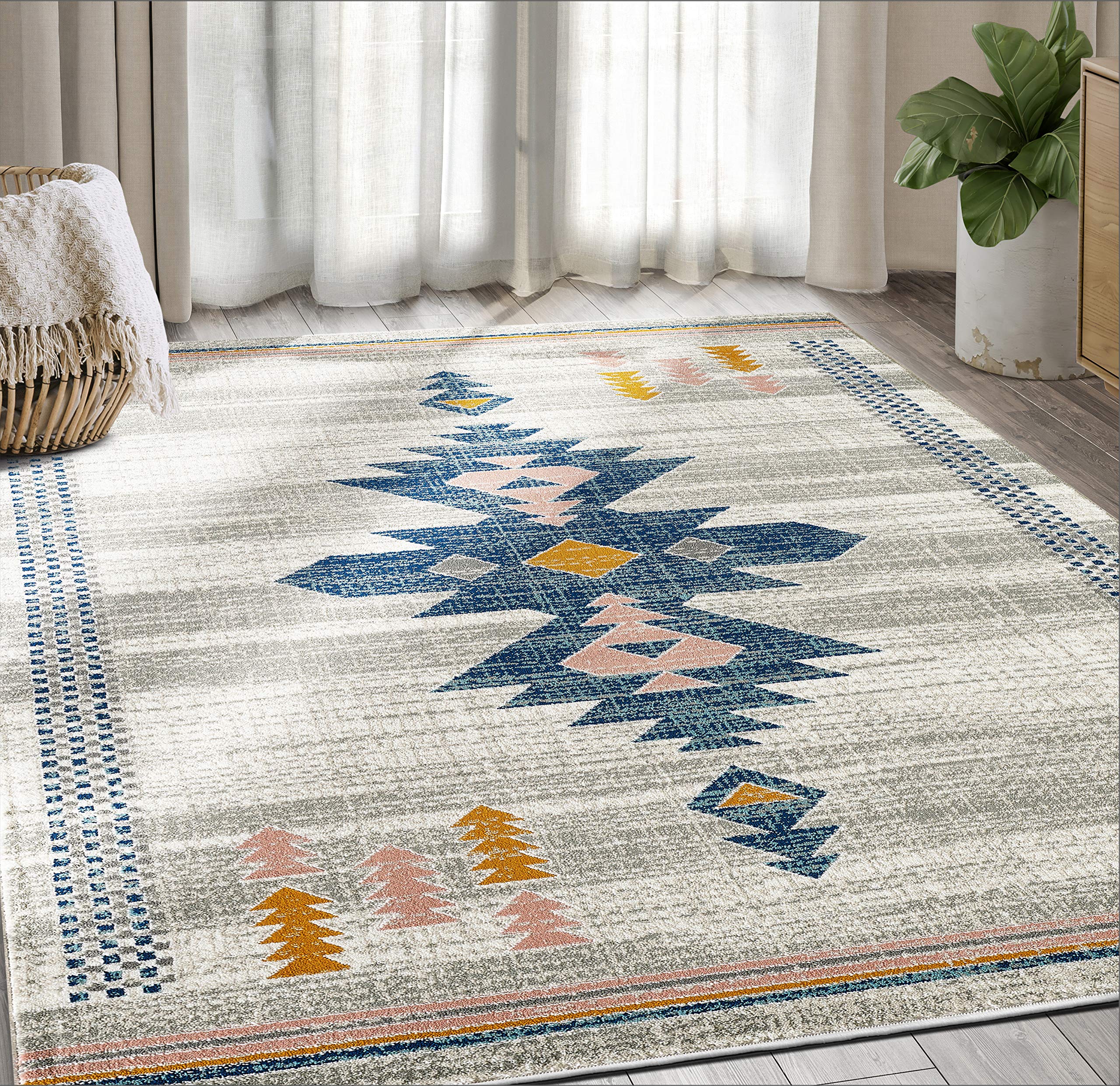 Abani Porto Collection 3' x 5' Southwestern Area Rug, Rectangular Turkish Beige & Blue Tribal Print Accent Rug Rugs