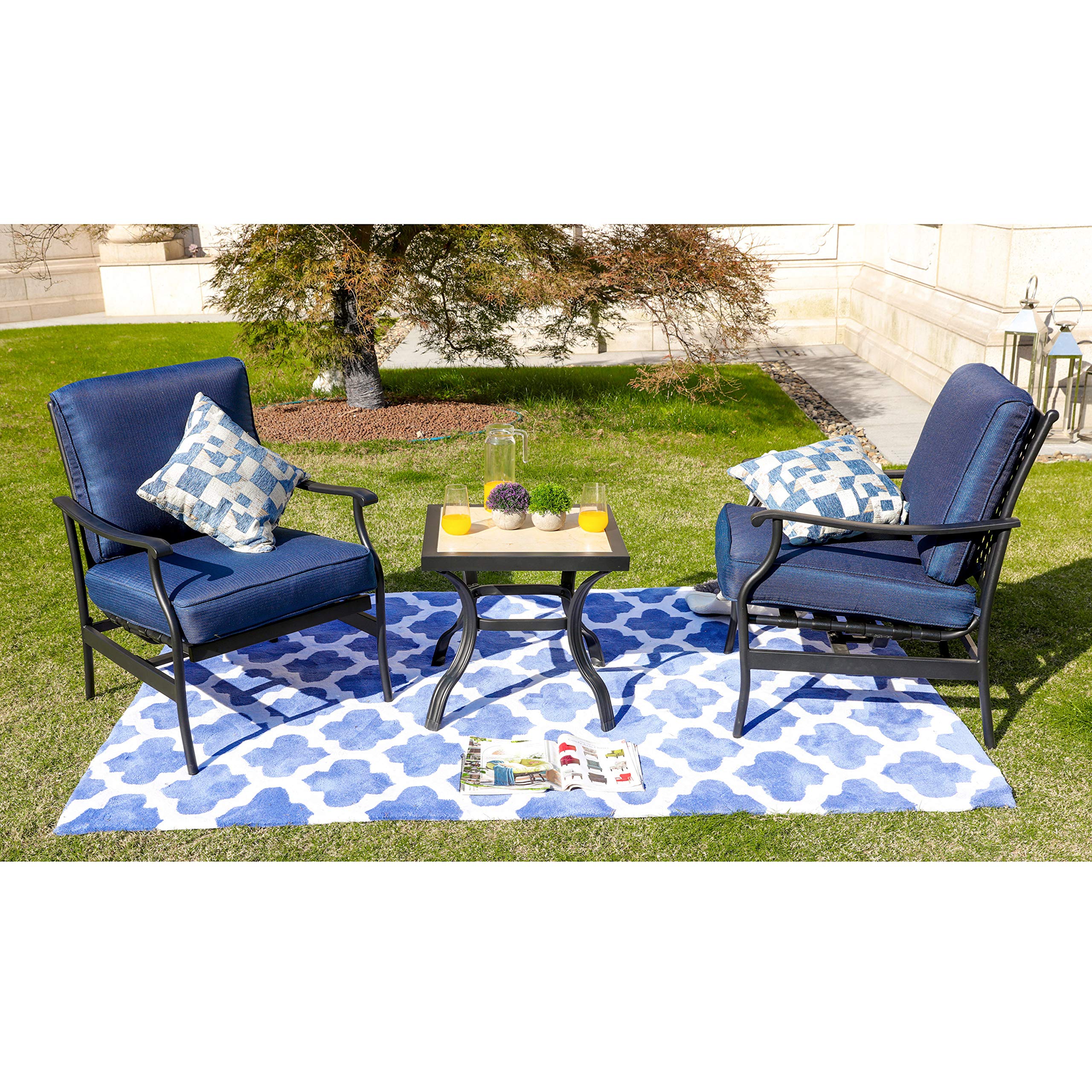 LOKATSE HOME 3 Piece Outdoor Furniture 2 Patio Bistro Chairs and 21 inch Square Dining Table, 3 pc Conversation Set, Blue